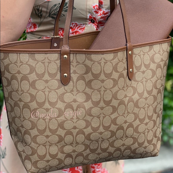 Coach | Bags | Coach Signature Reversible Pvc Brown Khaki Tote | Poshmark